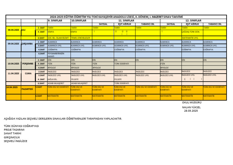 2024-2025 - Yili Anadolu Ii. Dönem, I. Mazeret Sinav 9. Siniflar 10.siniflar 11. Siniflar 12 ...