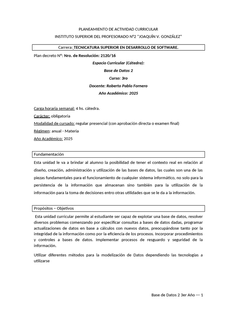 Planeamiento de Actividad Curricular BD2 2025 | PDF | Bases de datos | SQL