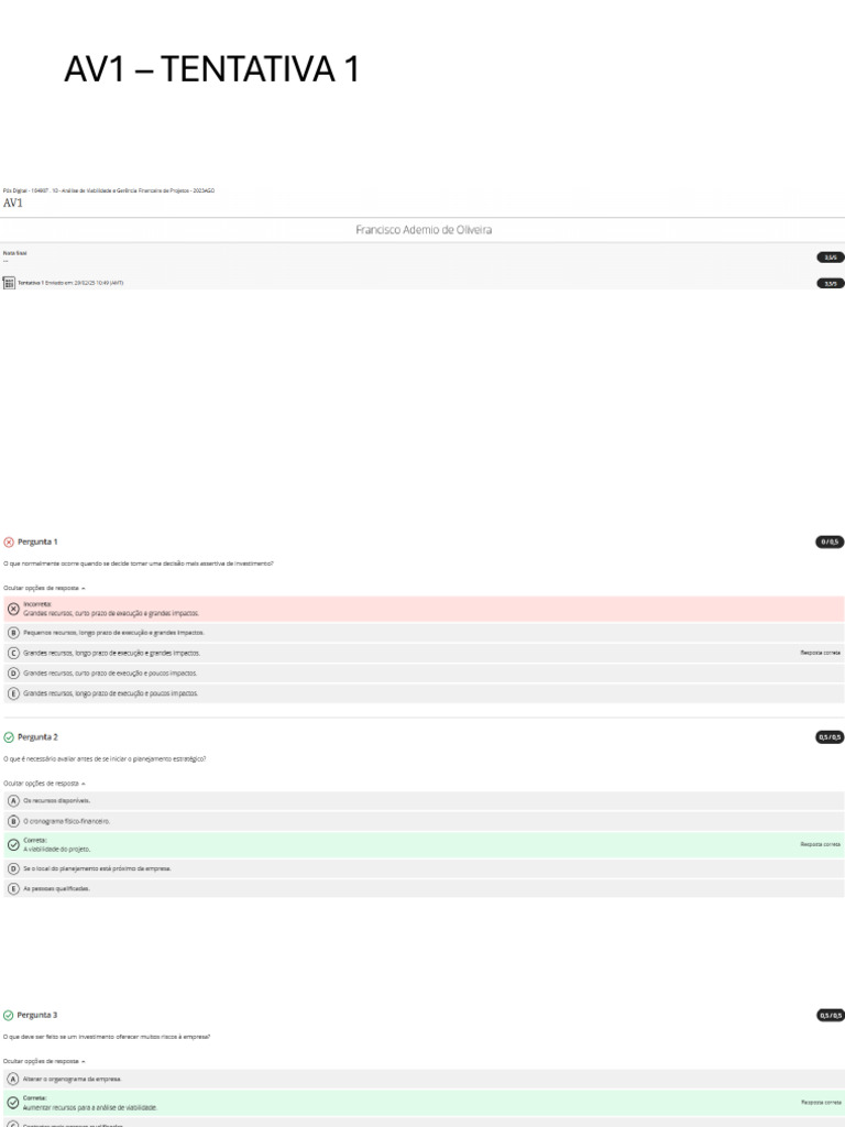 AV2 - Análise de Viabilidade e Gerência Financeira em Projetos | PDF