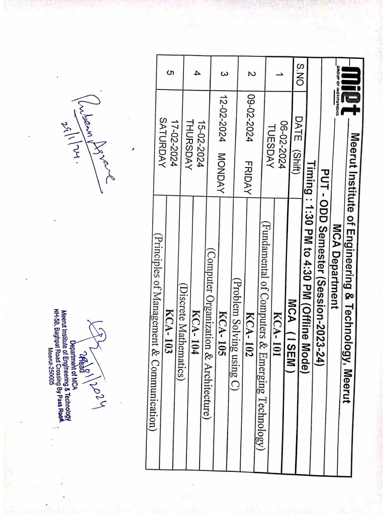 MCA (Sem-I ) PUT Exam Date Sheet (2023-2024) | PDF