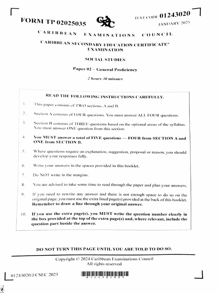 CSEC Social Studies Jan 2025 Paper2 | PDF