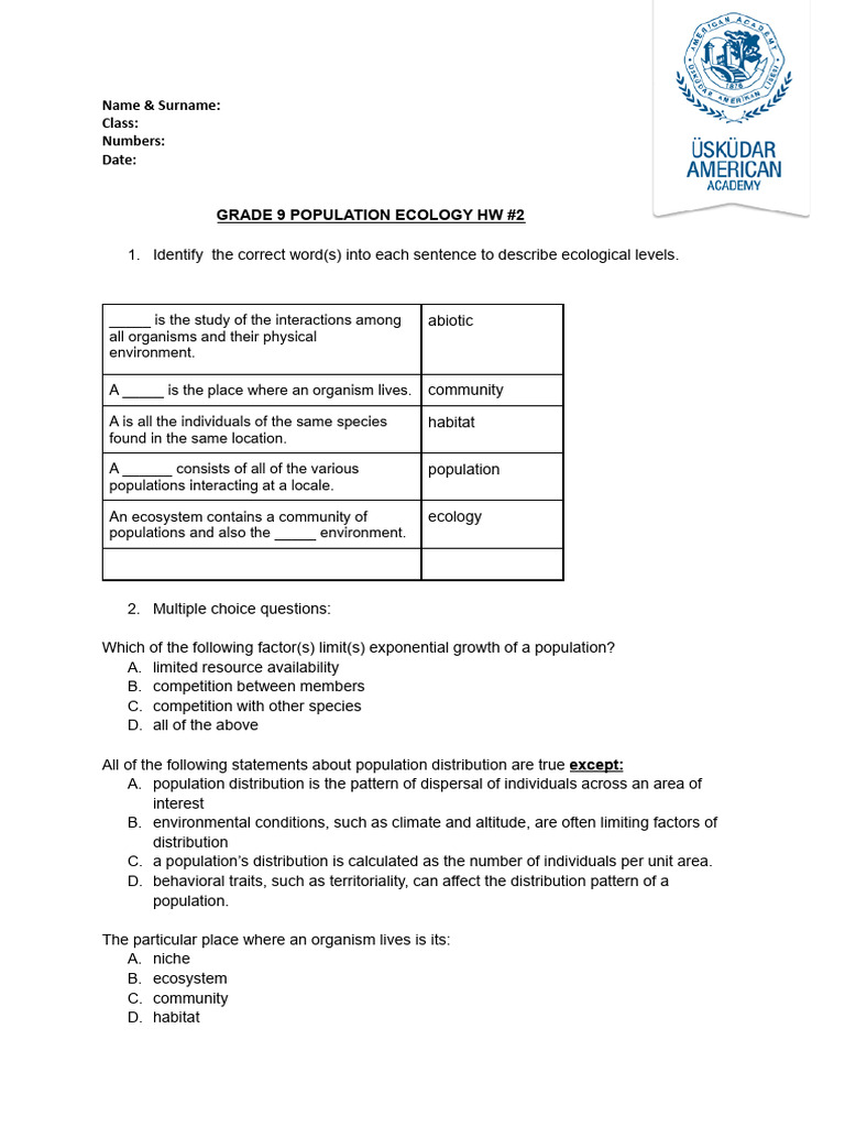 Grade 9 Population Ecology Review Questions 2 | PDF | Ecology | Ecosystem