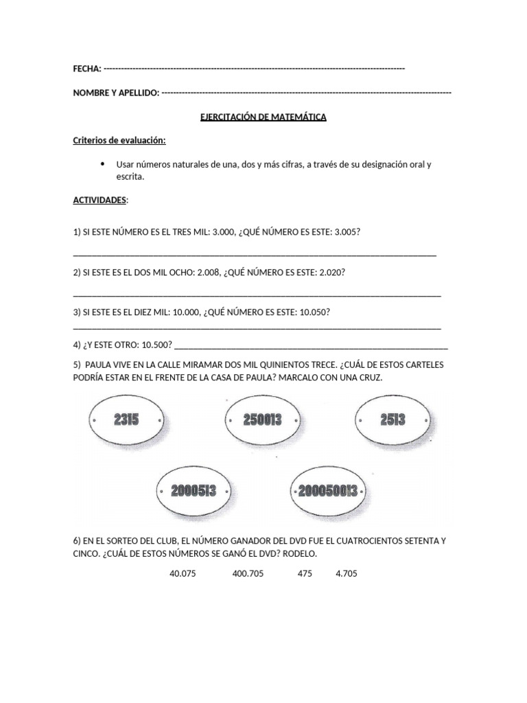 EVALUACIÓN DE MATEMÁTICA 3ro | PDF