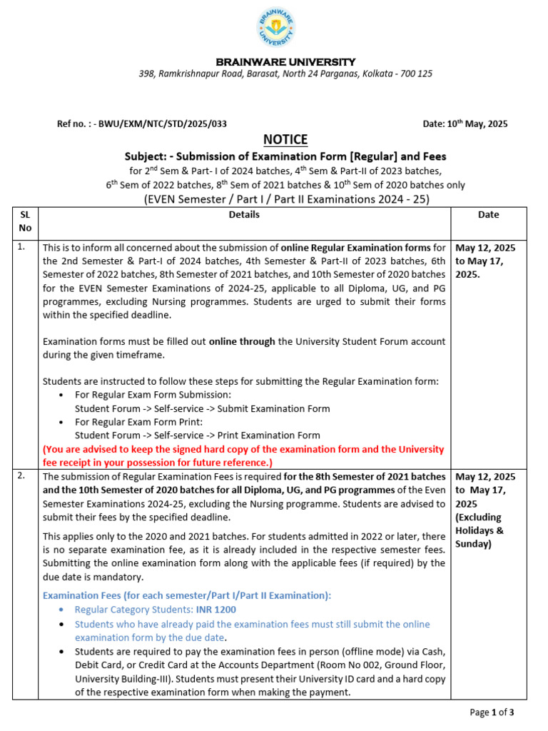 Regular EVEN Sem Exam 2024 - 25 Exam Form Fees & Admit Card | PDF | Banks | Payments