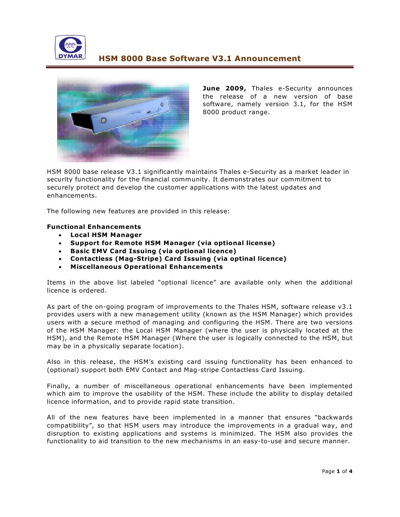 HSM 8000 V3.1 Software Release Details | PDF | Emv | Smart Card