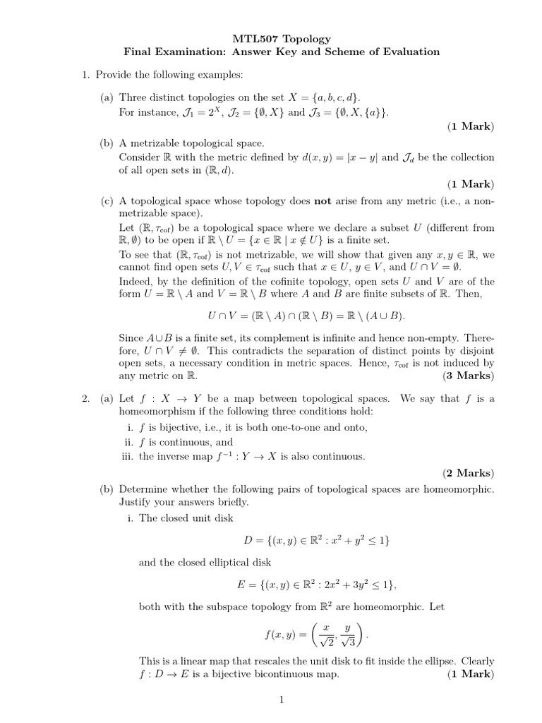 Topology Answer Key and Scheme of Evaluation | PDF | Continuous Function | Compact Space