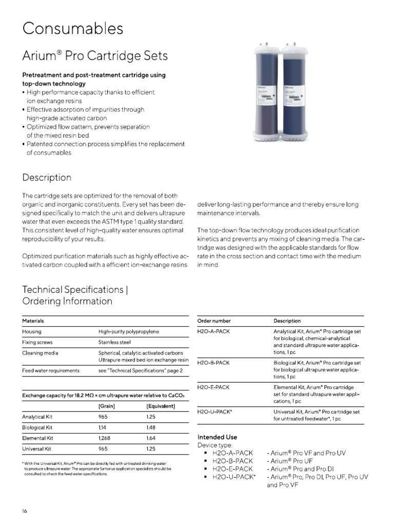 Water System Cartridge Set Spec Sheet | PDF