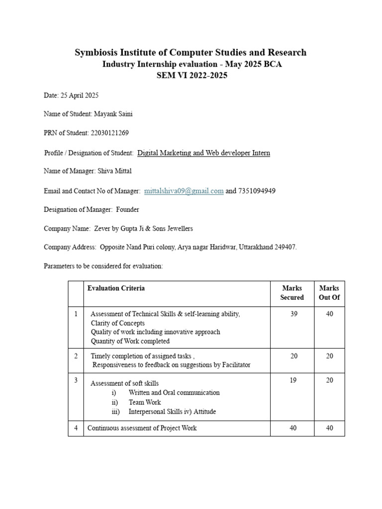 Industry Internship Internal Evaluation - BCA - 2022-2025 Mayank Saini | PDF