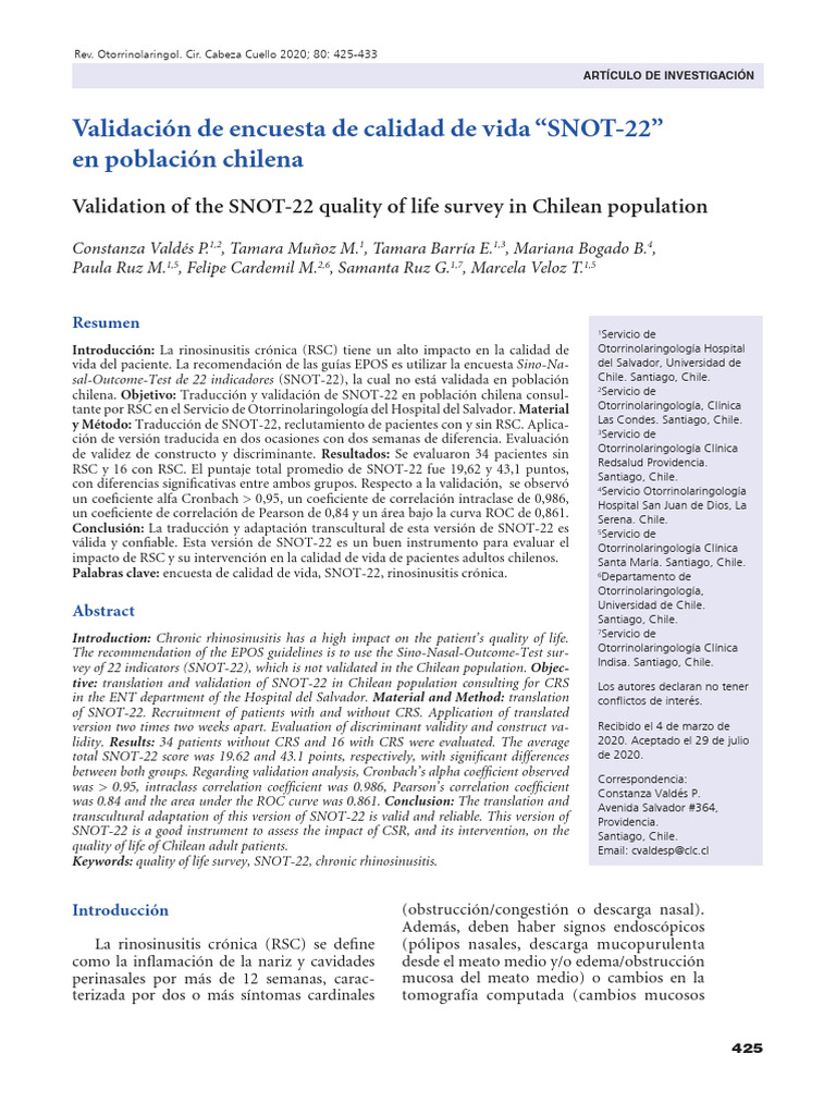 Validación de Encuesta de Calidad de Vida "SNOT-22" en Poblacion Chilena | PDF | Validez ...