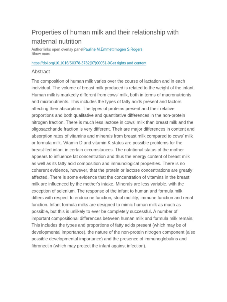 Properties of human milk and their relationship with maternal nutrition ...