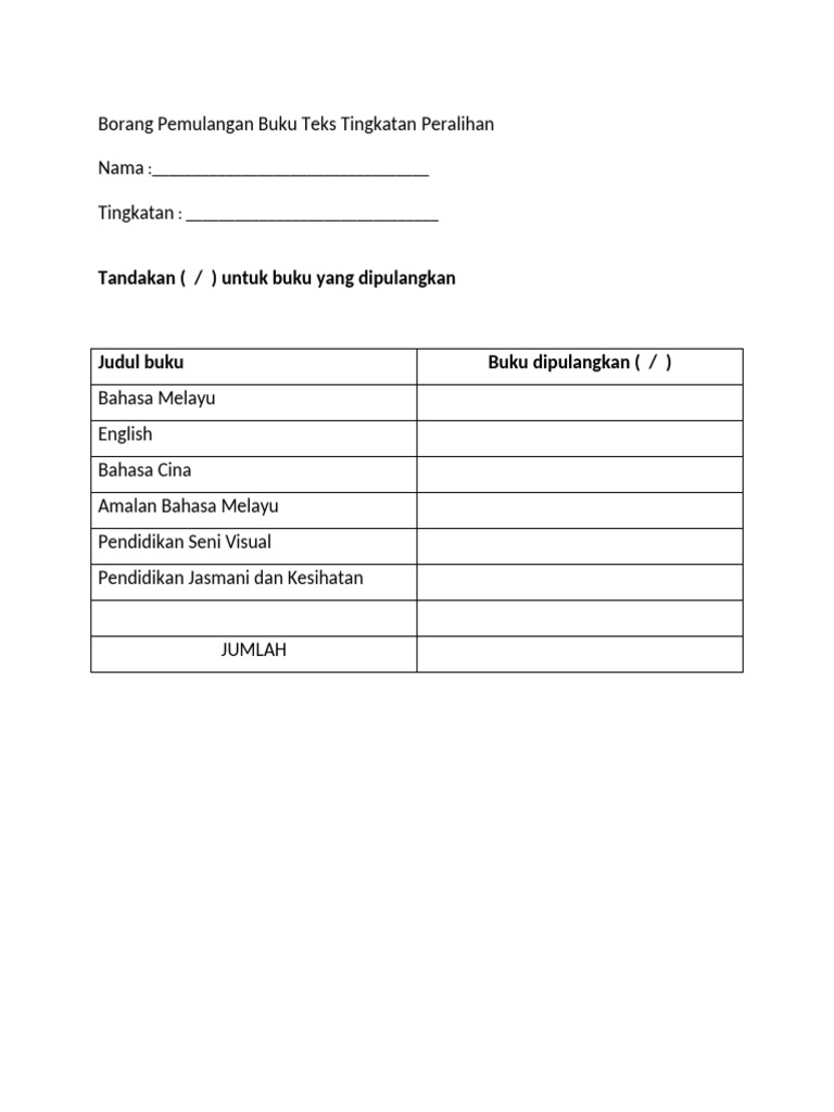 Borang Pemulangan Buku TP | PDF