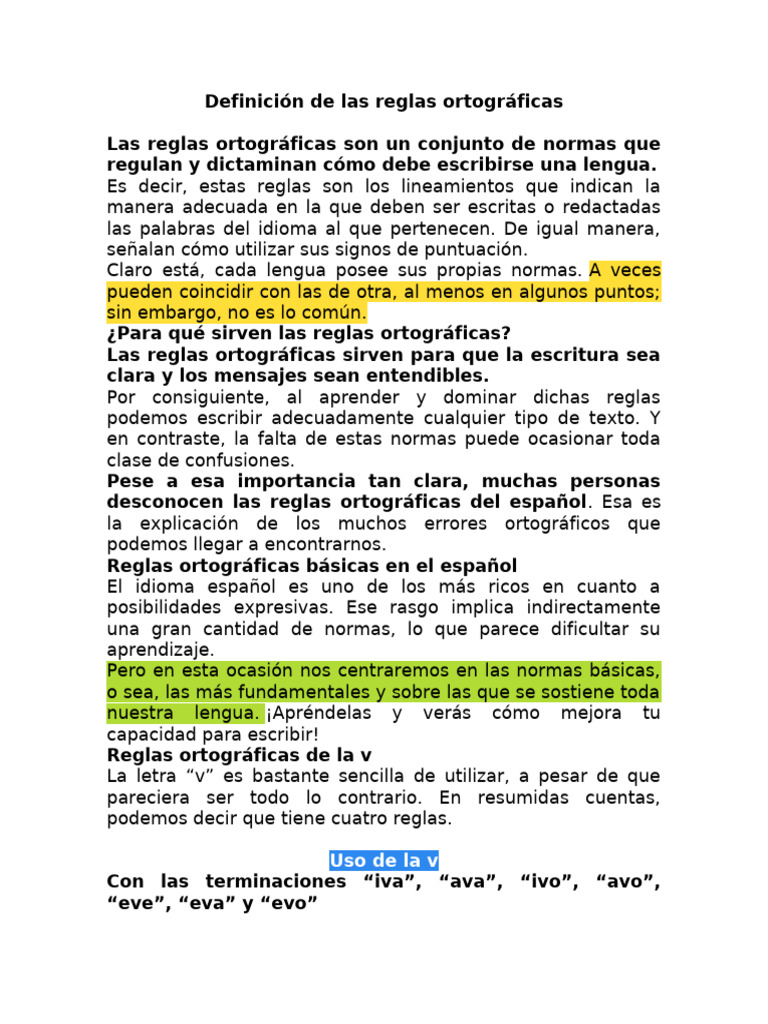 Definición de las reglas ortográficas | PDF | Caso de carta | Verbo