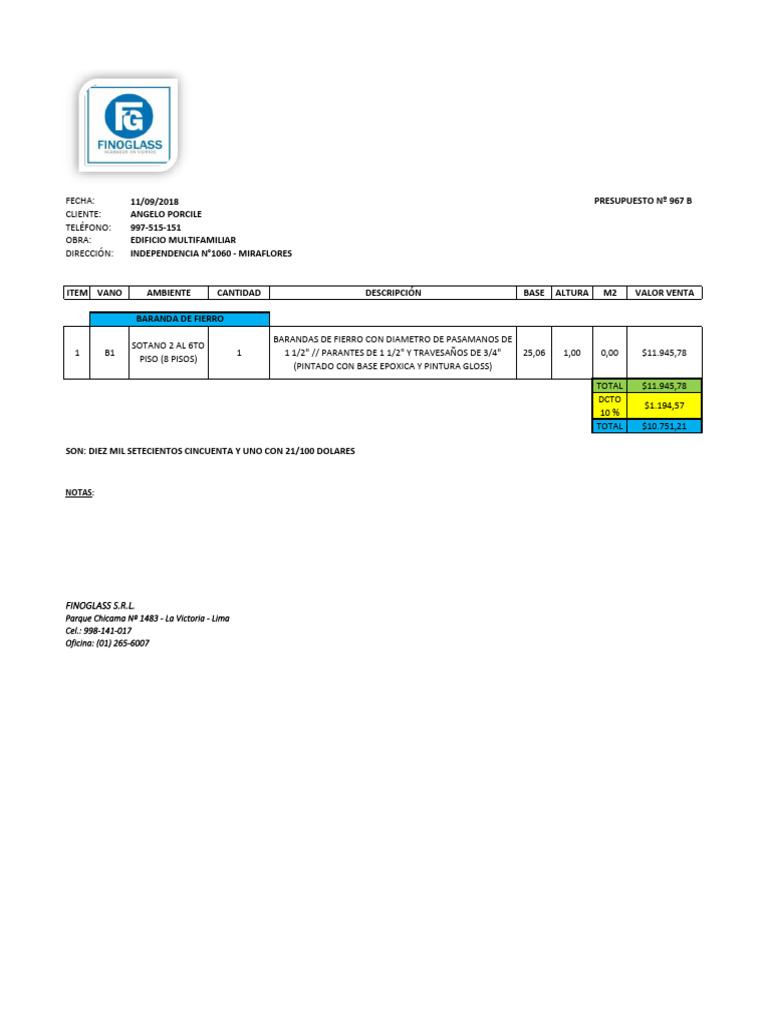 967 Presupuesto Urban Proyectos (Barandas) | PDF
