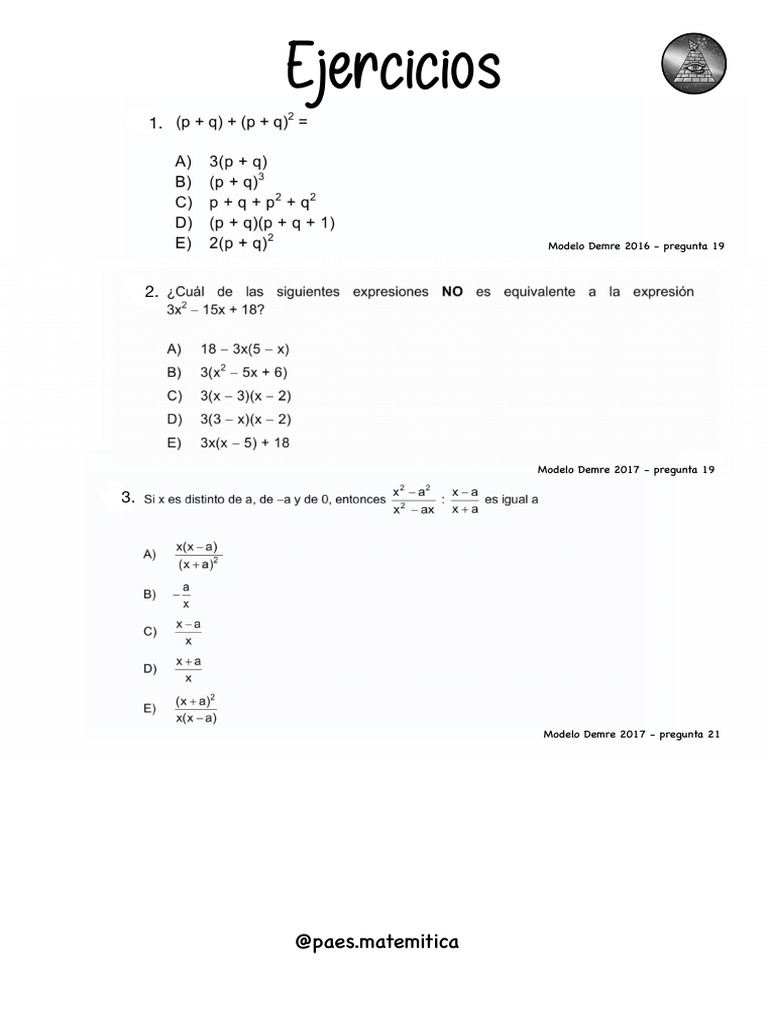 Ejercicios Algebra y Funciones | PDF