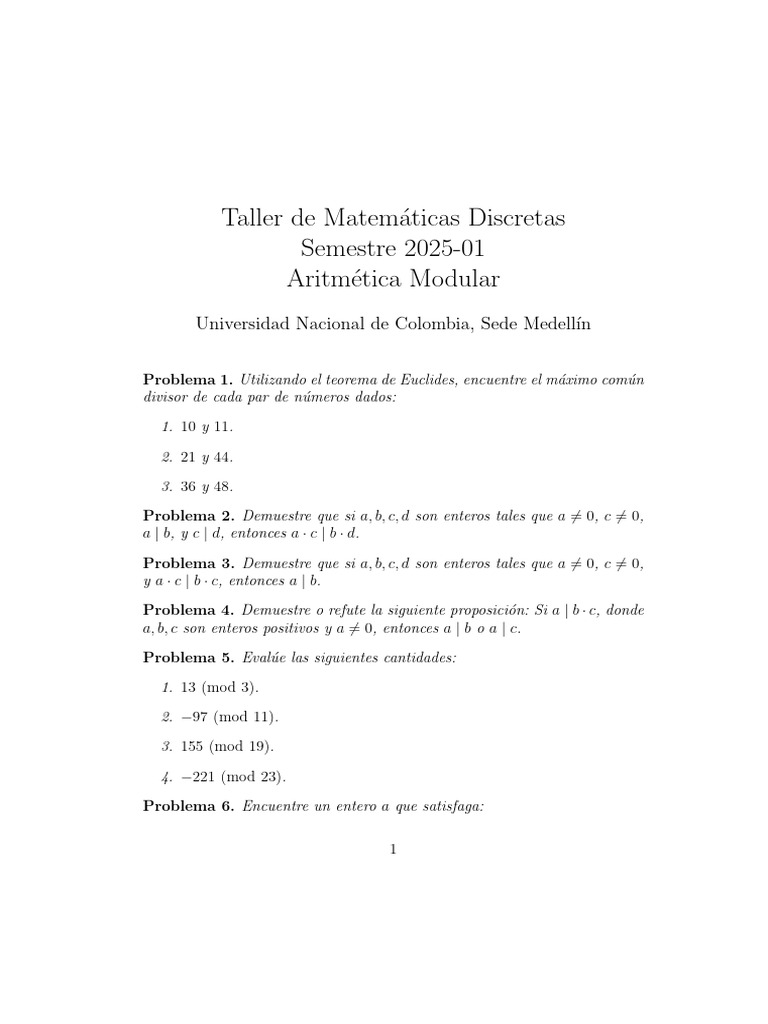 Taller - Aritmética - Modular UN 2025 | PDF | Aritmética | Matemáticas