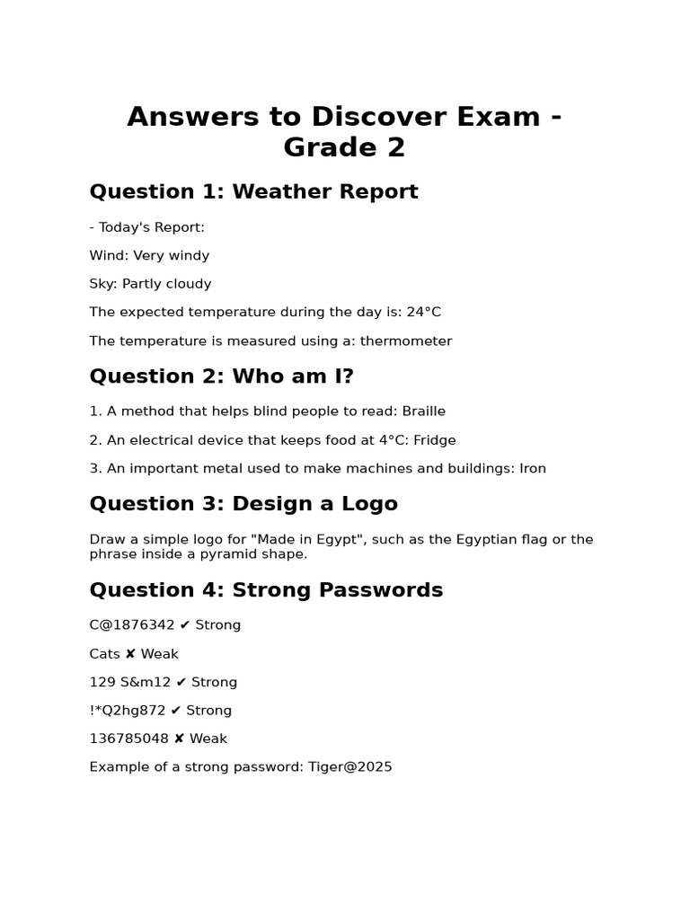 Grade 2 Discover Exam Answers | PDF