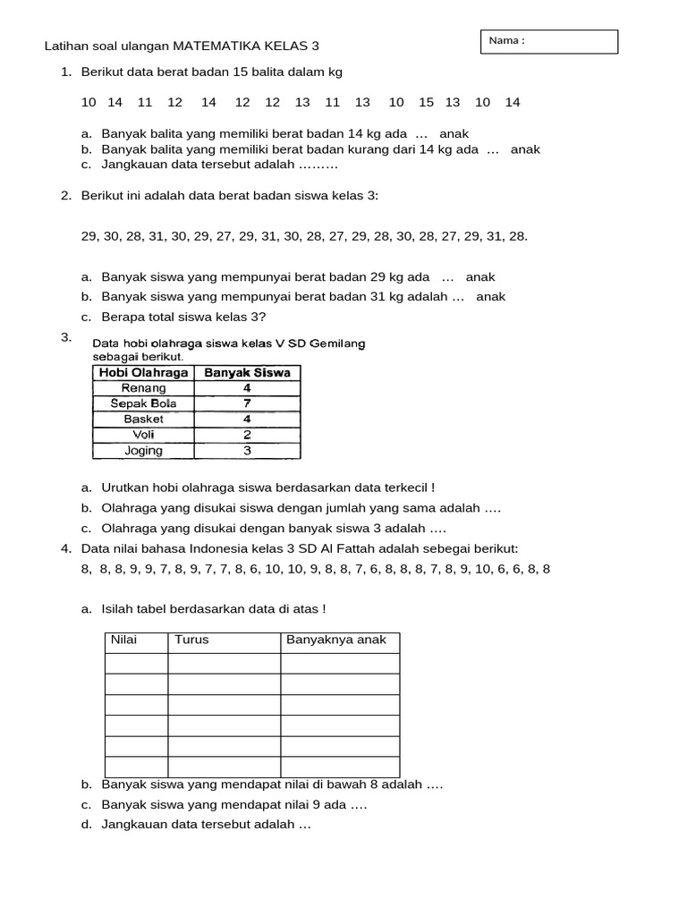 Soal Matematika Menyajikan Data Kelas 3 | PDF