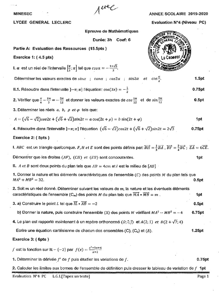 Probatoire Blanc Maths9 1ere C | PDF
