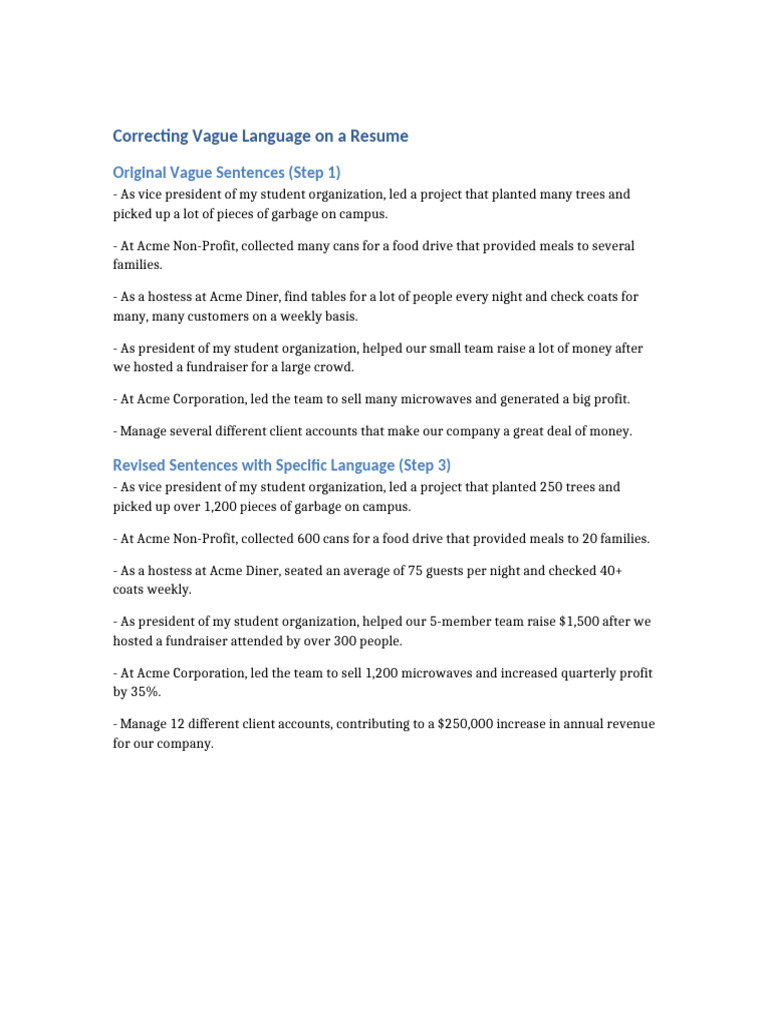 Vague Language Resume Corrections | PDF