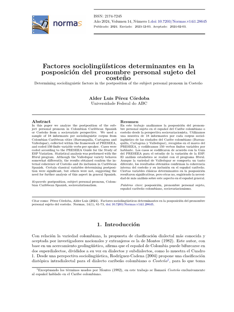 Factores Sociolingüísticos Determinantes en La Posposición Del ...