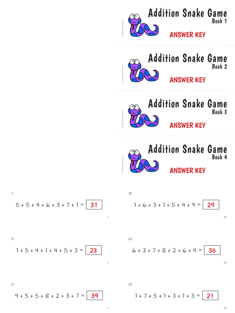JRMontessori Add Snake Game Booklets Answer Key | PDF