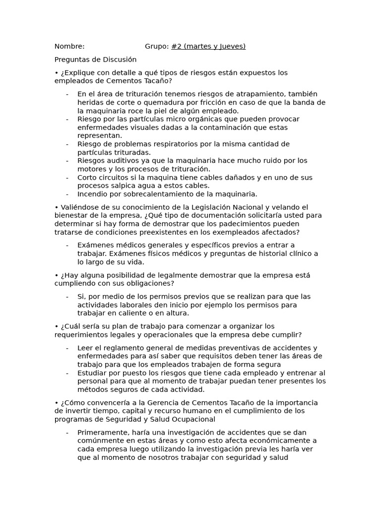 Preguntas de Discusión | PDF | Business | Seguridad y salud ocupacional