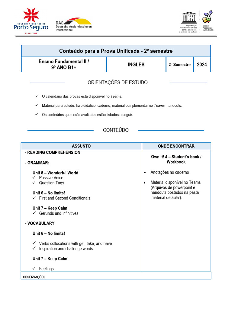 Prova Unificada Conteúdo 9 Ano b1 2º Semestre 2024 | PDF