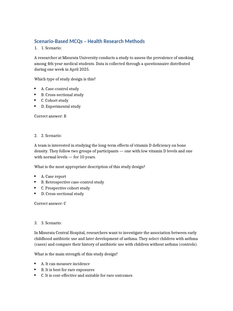 Health Research Methods MCQs Updated | PDF | Cohort Study | Sampling (Statistics)