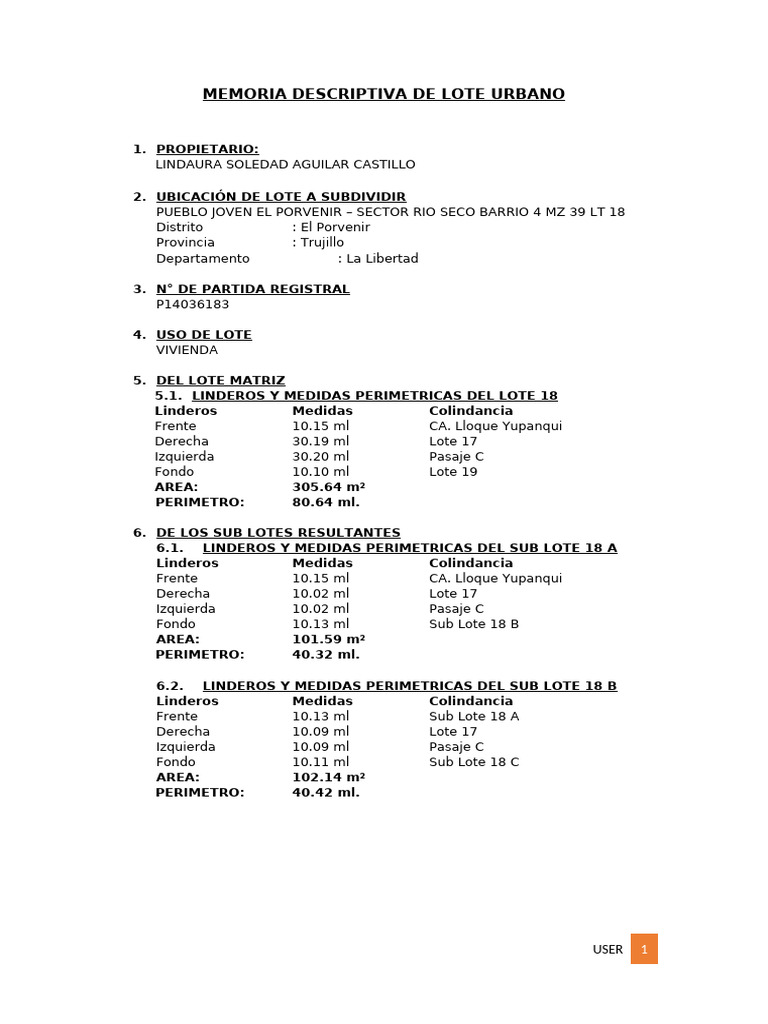 Memoria Descriptiva de Lote Urbano | PDF