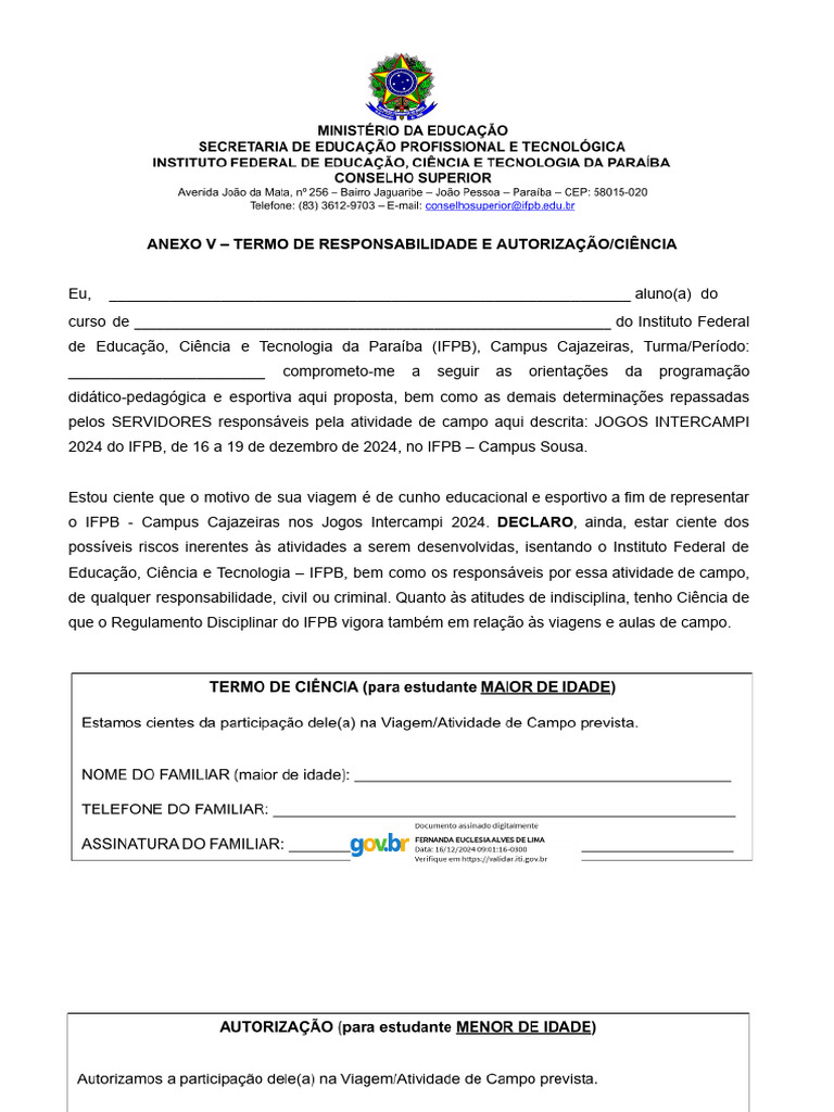 Termo de Responsabilidade IFPB 2024 | PDF