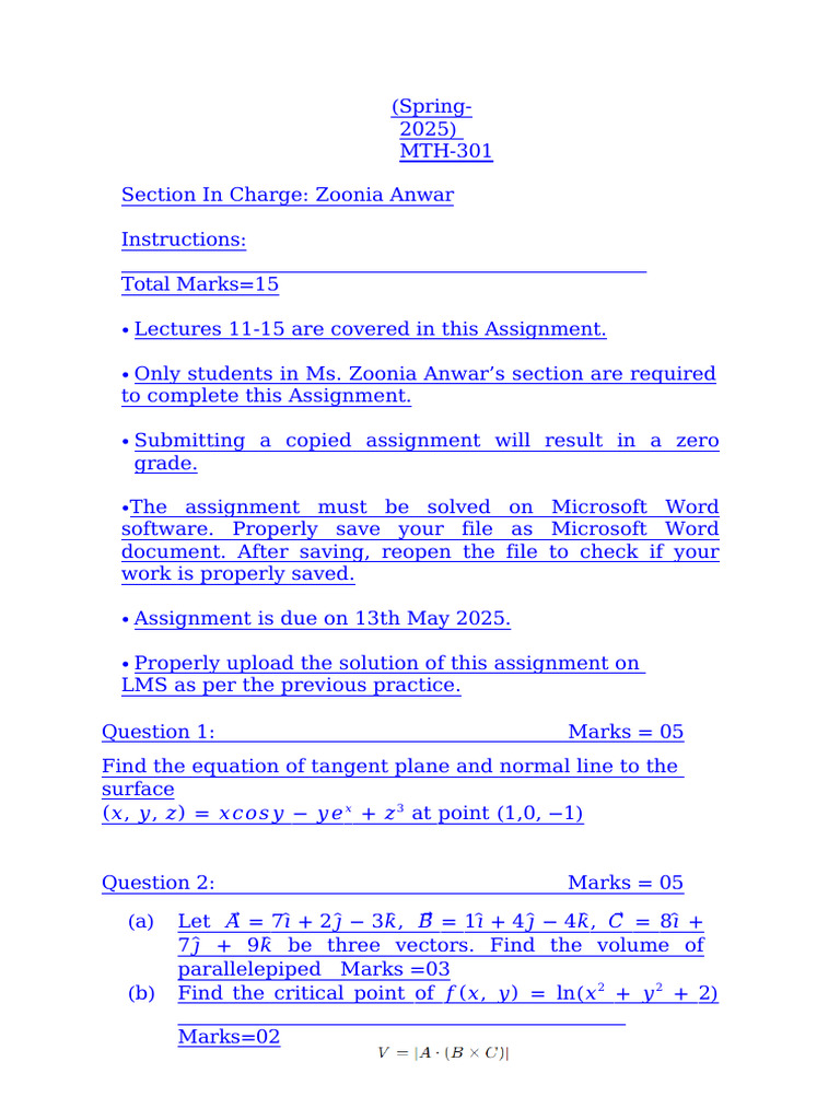 MTH 301 Assignment 1 Solutions 2025 | PDF