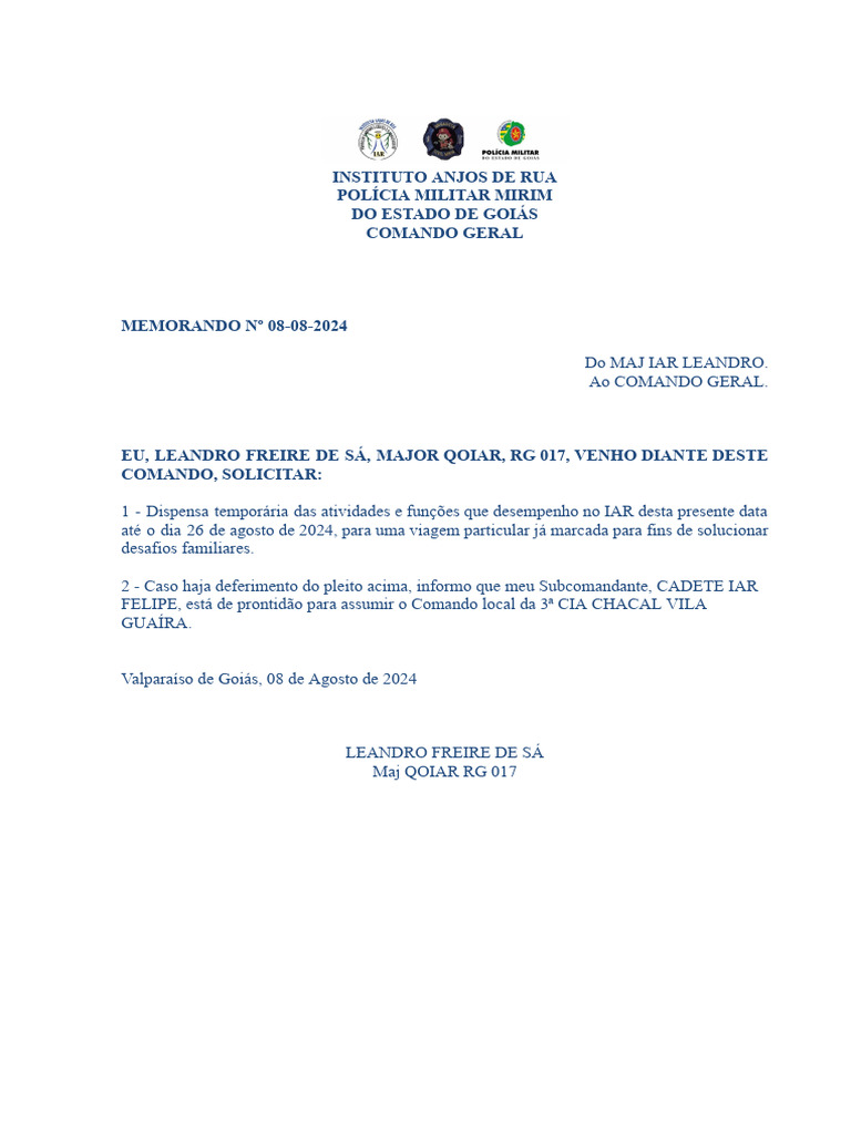 Memorando Nº 08-08-2024 - Major Iar Leandro | PDF
