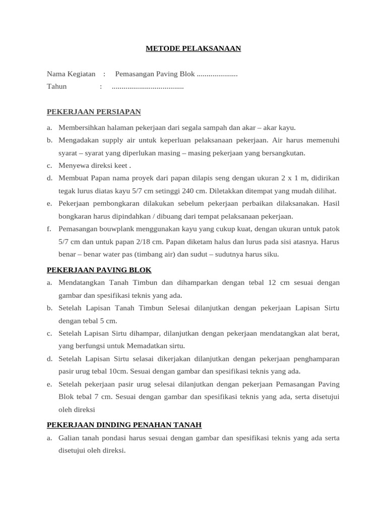 METODE PELAKSANAAN PEKERJAAN PAVING BLOCK | PDF
