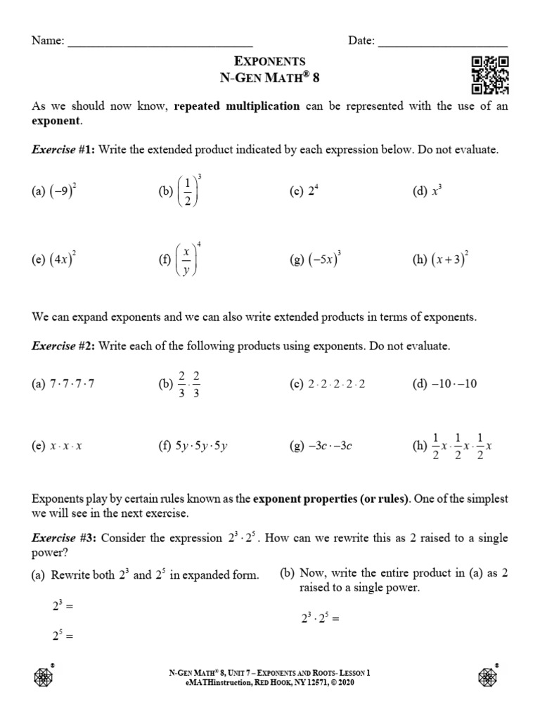 N Gen Math 8.unit 7.lesson 1.exponents | PDF | Exponentiation ...