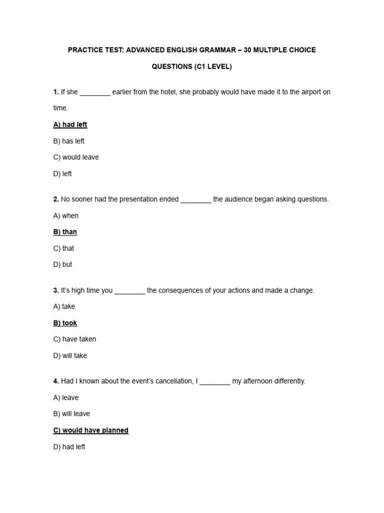 Advanced English Grammar Test: C1 Level | PDF