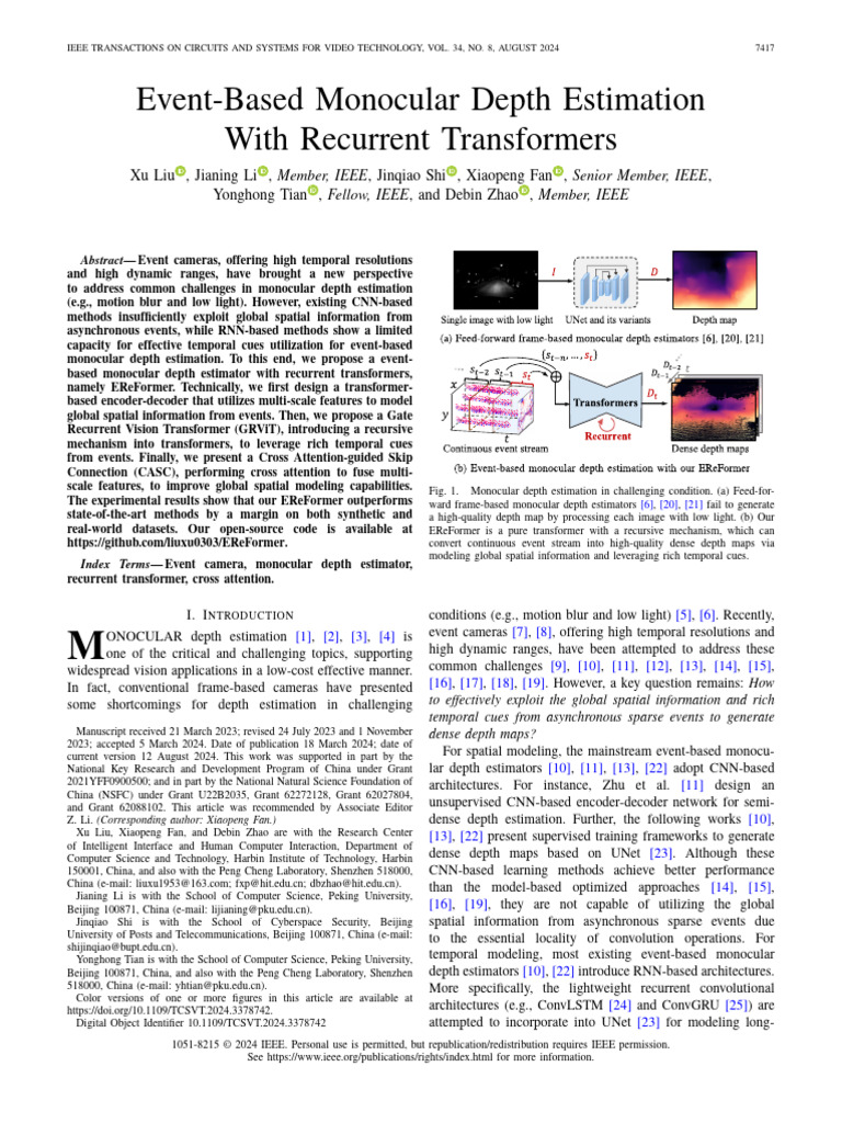 Event Based Monocular Depth Estimation With Recurrent Transformers Pdf Artificial