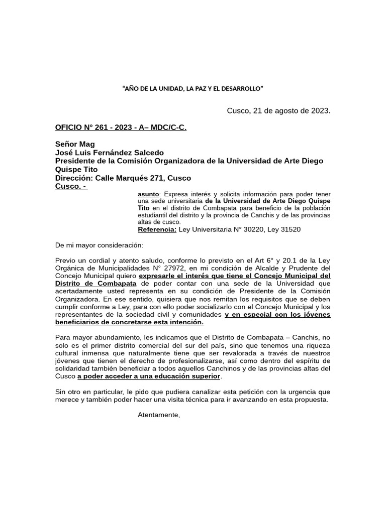 Oficio #261 PARA SEDE UNIVERSITARIA CUSCO | PDF