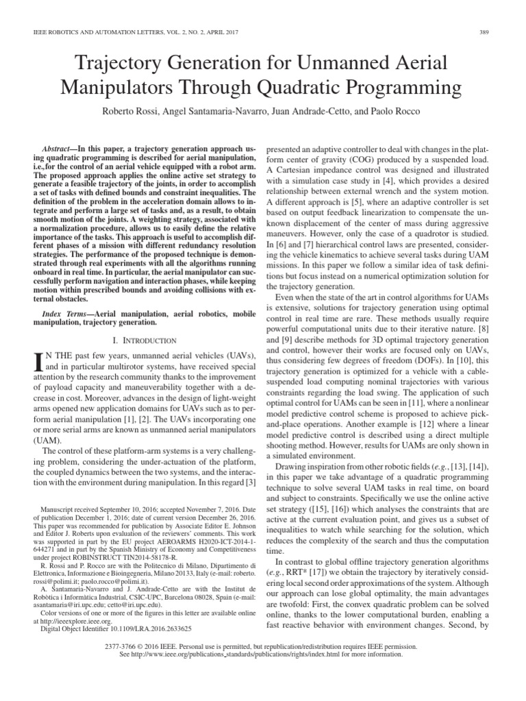 Trajectory Generation For Unmanned Aerial Manipulators Through Quadratic Programming Ral 2017 2