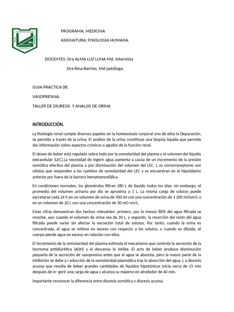 Practica de Diuresis 08 | PDF | Agua | Riñón