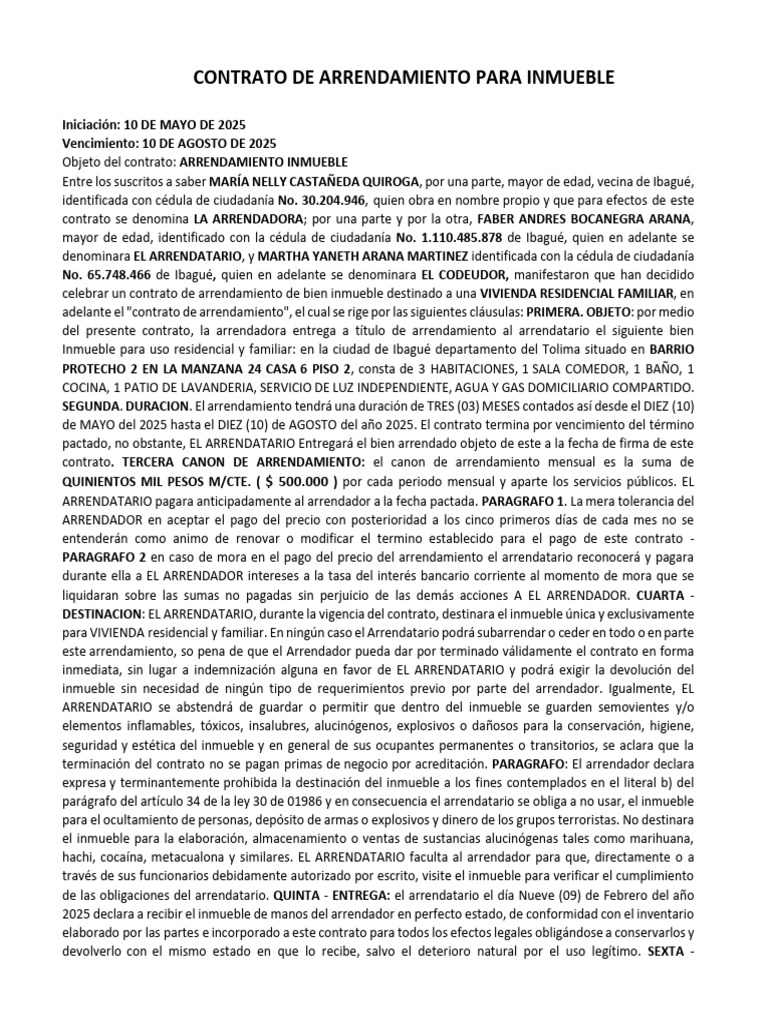 Nely Castañeda Contrato de Arrendamiento para Inmueble | PDF | Pagos ...