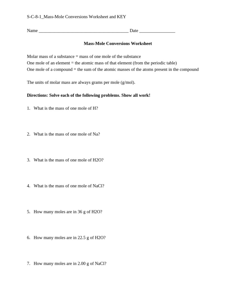 Mass-Mole Conversion Worksheet Answers | PDF