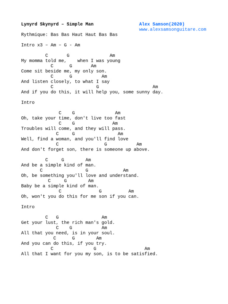 Simple Man Chords and Lyrics Guide | PDF