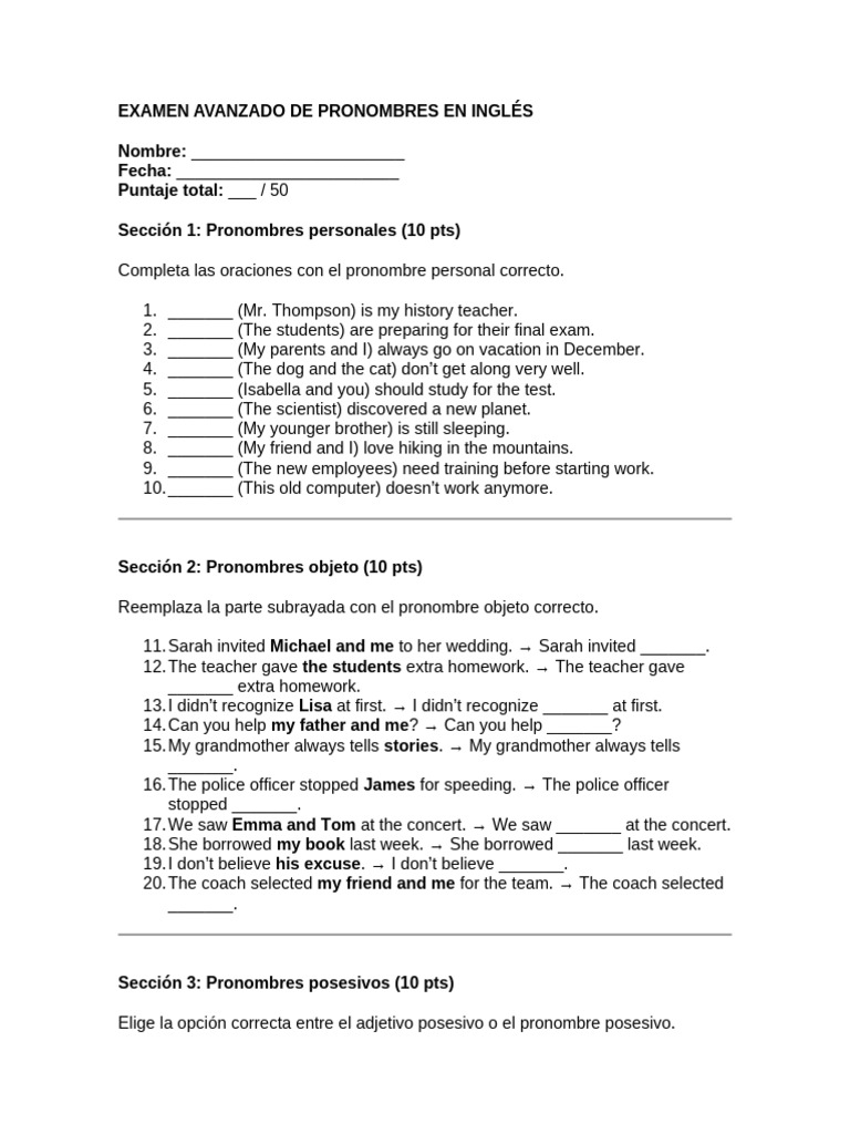 Examen Avanzado de Pronombres en Inglés | PDF