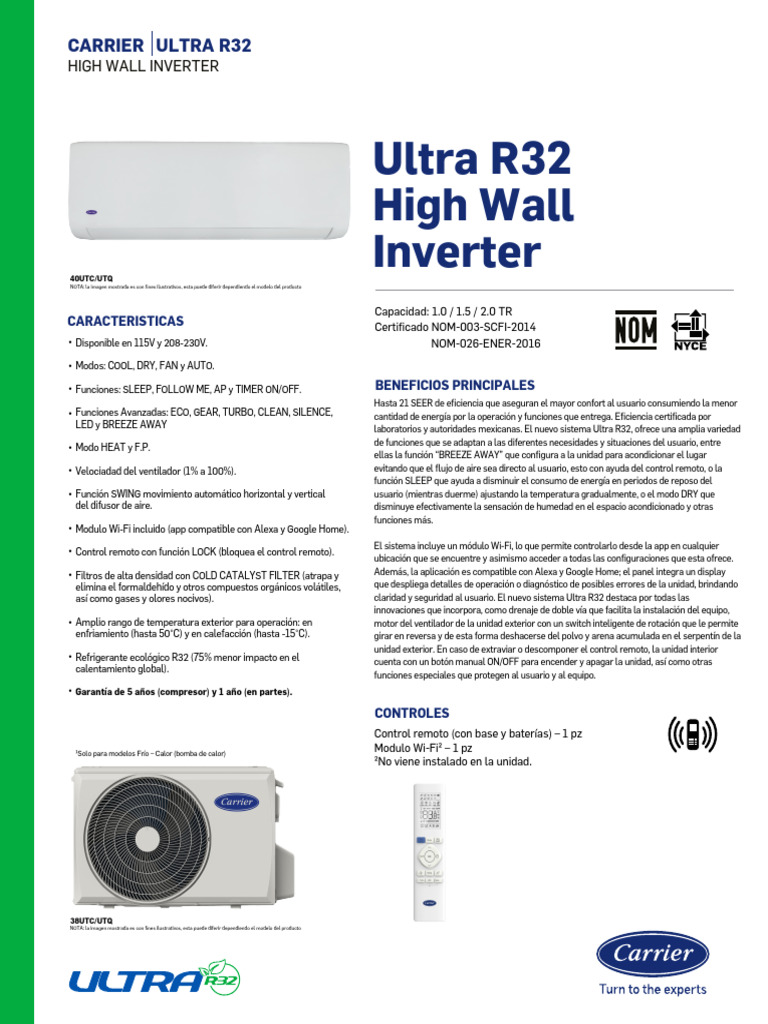 Ficha Técnica Carrier Ultra R32 | PDF | Control remoto | Bienes ...