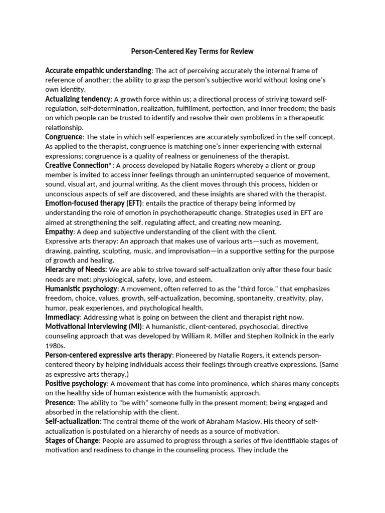 Person Centered Key Terms For Review | PDF | Psychotherapy | Humanistic ...