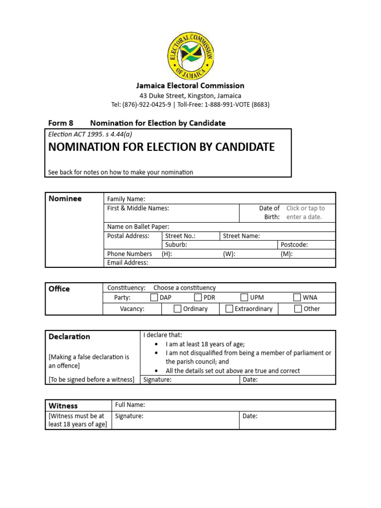 Candidate Nomination Form Jamaica | PDF