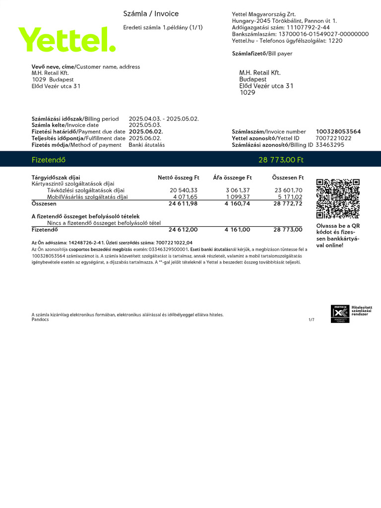 28 773,00 FT Fizetendõ: M.H. Retail Kft. Budapest Elõd Vezér Utca 31 1029 | PDF