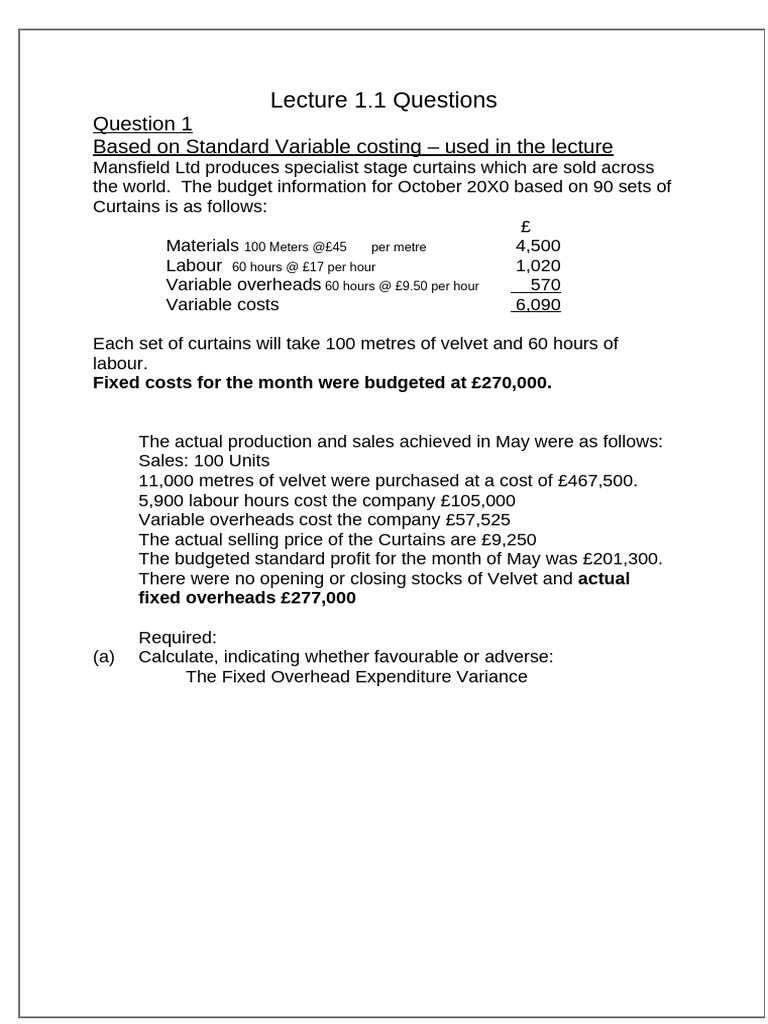 Lecture 1.1 Standard Costing Questions | PDF | Cost | Management Accounting