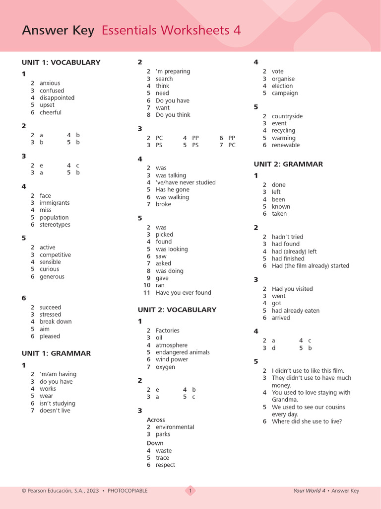 YourWorld 4 Essentials Worksheets Answer Key | PDF