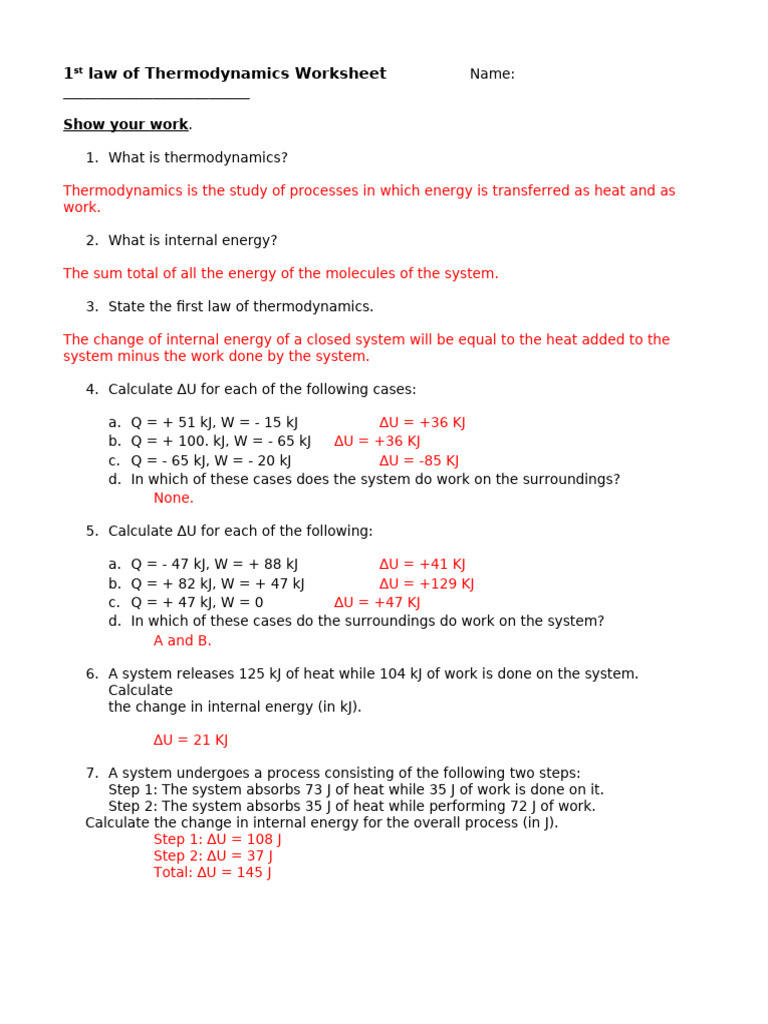 Unit 4 - Worksheet - 4.3 1st Law of Thermodynamics Key | PDF